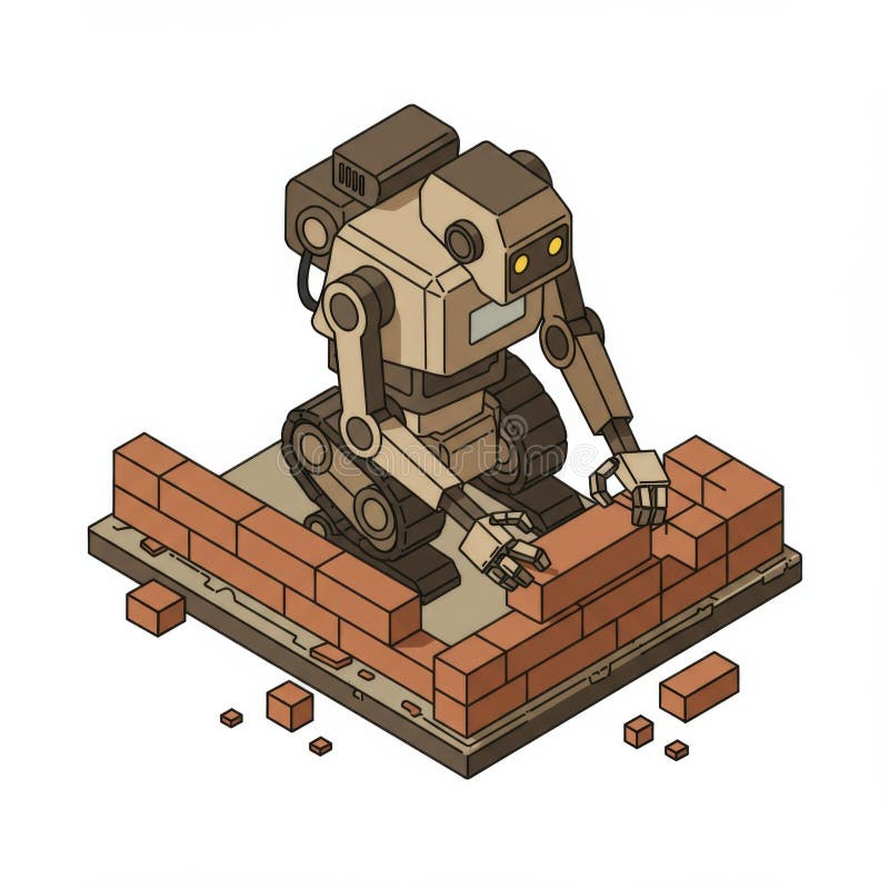 Tan Robot Constructing Brick Wall Isometric Pixel Art Stock ...