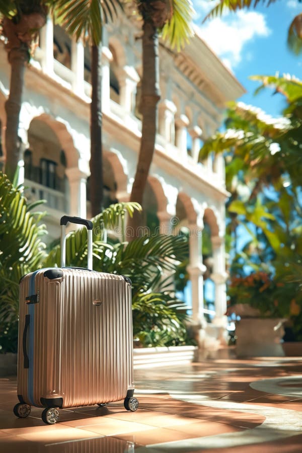 A Tan Suitcase is Sitting on a Tiled Floor in Front of a Building ...
