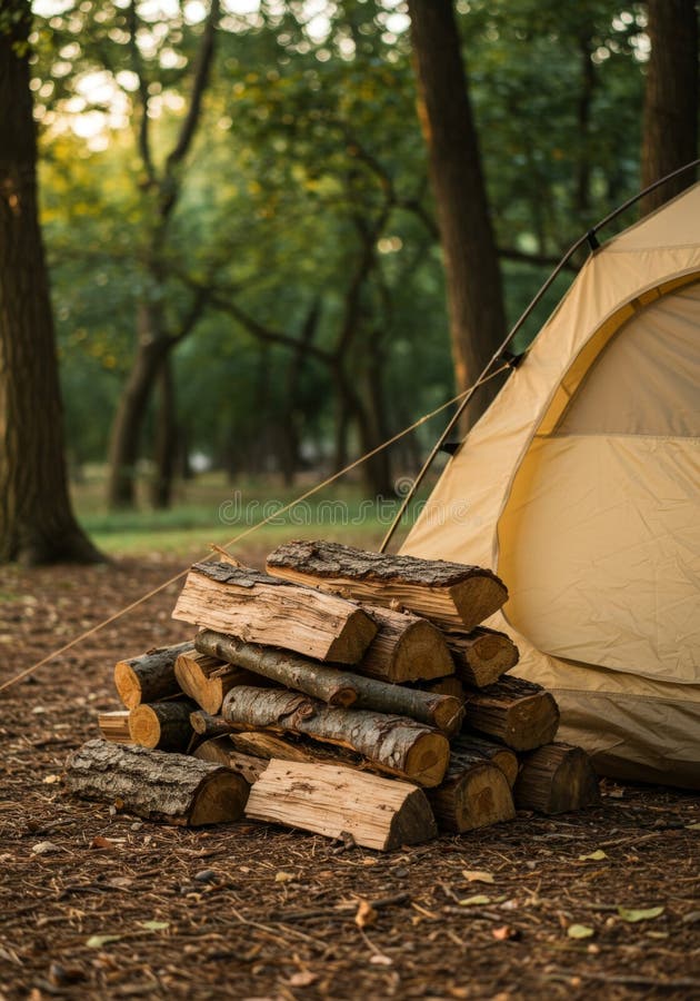 Tan Tent and Stacked Firewood Logs in a Sunny Forest Stock Photo ...
