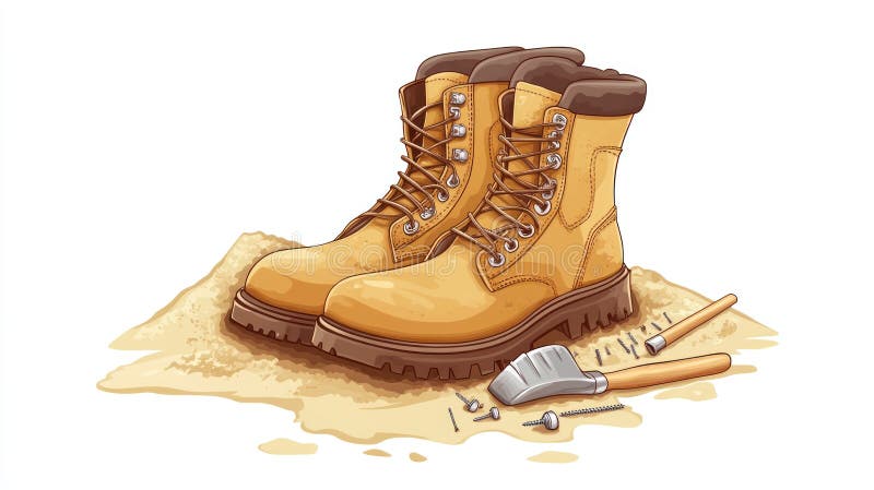 Tan Work Boots Illustration on Sand with Tools Stock Image - Image of ...
