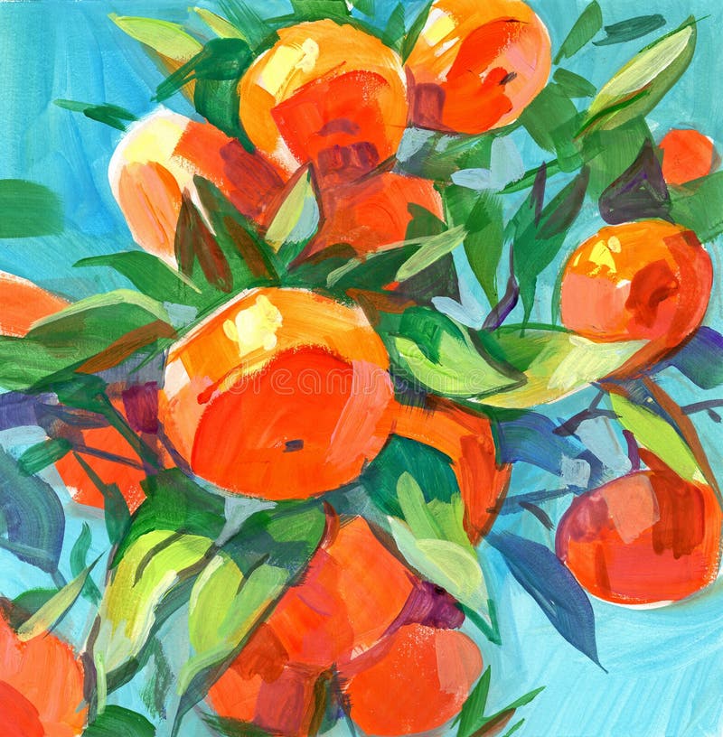 Tangerines on a Tree Branch. Freehand Drawing Stock Photo - Image of ...
