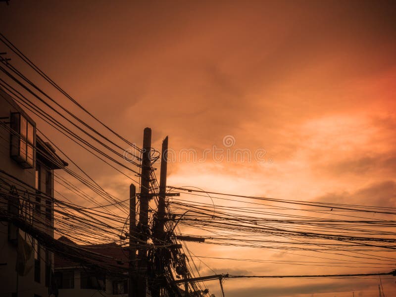 Tangle Cable Electricity Post Sunset Background Stock Photos - Free ...