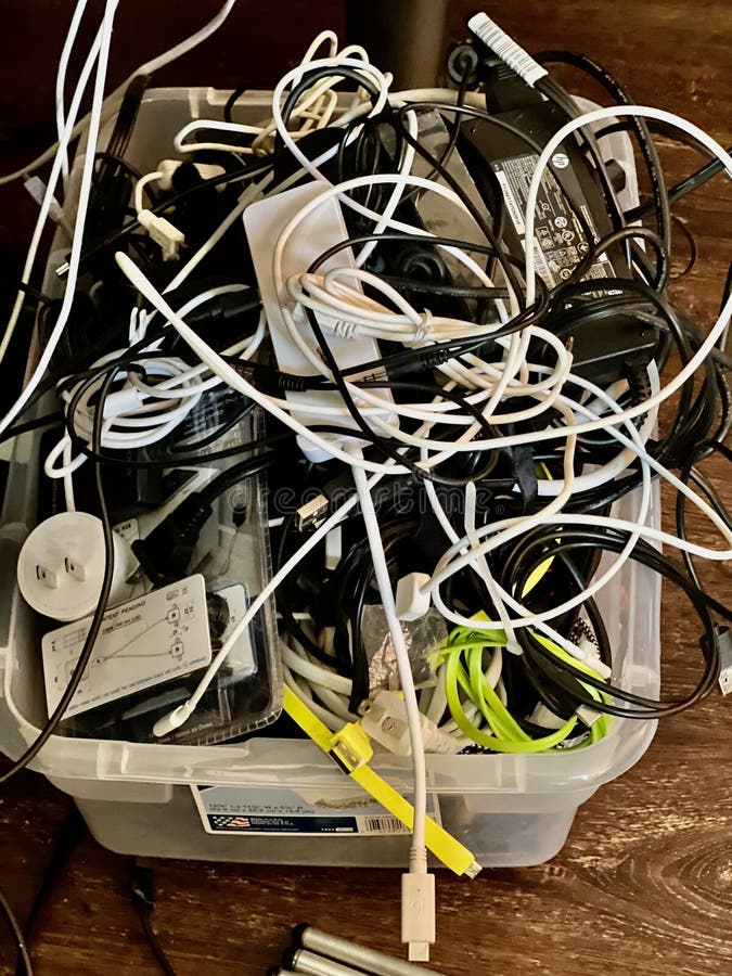 Tangled Box of Electronic Cables and Gadgets Stock Image - Image of ...