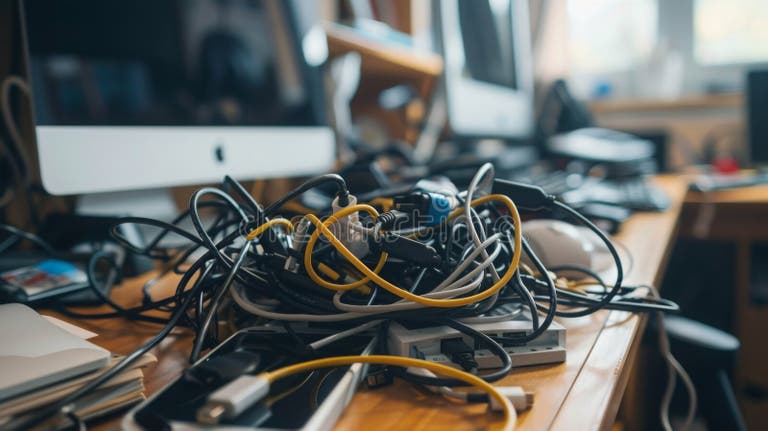 Tangled Cables on a Desk stock image. Image of tangled - 321697361