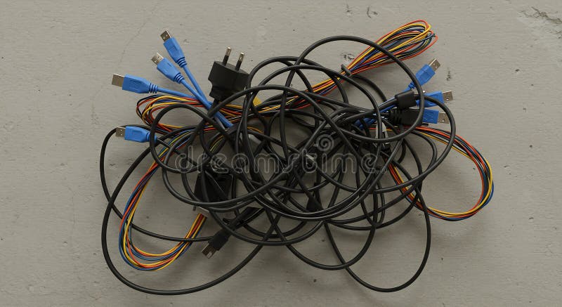 Tangled Cables and Plug on Concrete Surface Showing Wire Mess Stock ...