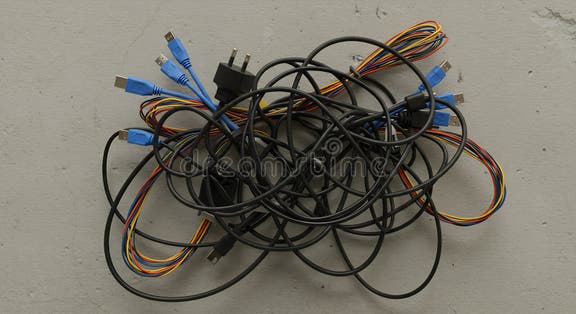 Tangled Cables and Plug on Concrete Surface Showing Wire Mess Stock ...