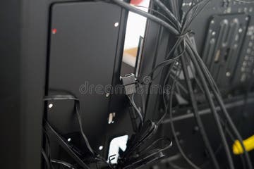 Tangled and Cluttered Cables Behind a Computer Workstation Setup Stock ...