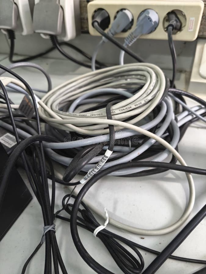 Tangled Computer Cables and Cords, with a Visible Patch Cord Label ...