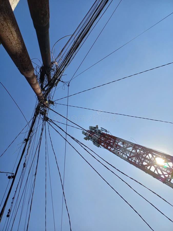 Tangled Electronic Power and Signal Power in Afternoon Stock Image ...