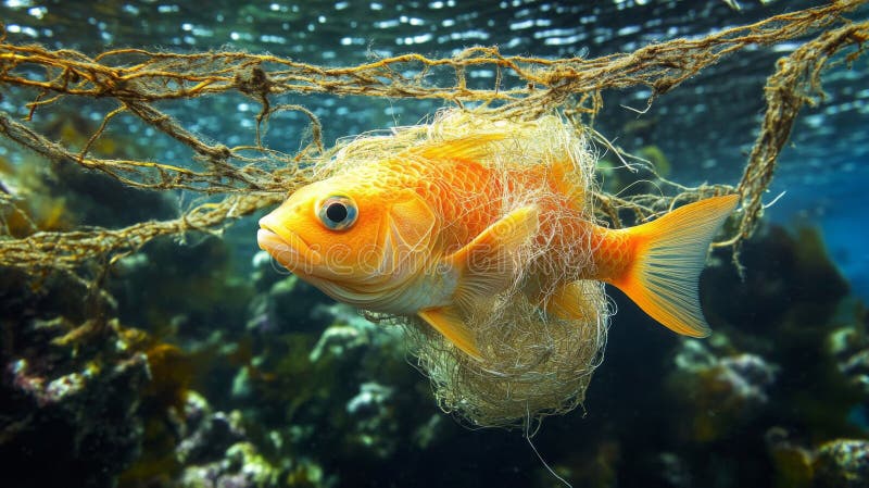A Tangled Fish Caught in a Plastic Net Underwater Stock Illustration ...