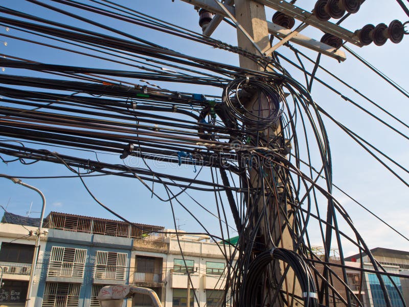 Electric Pole and Cable Under Cloud and Blue Sky Stock Image - Image of ...