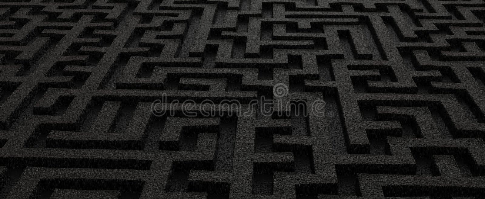 Tangled Maze in Dark Background. Render of a Labyrinth in the Middle of ...