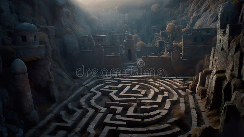 Tangled Maze in Dark Background. Render of a Labyrinth in the Middle of ...