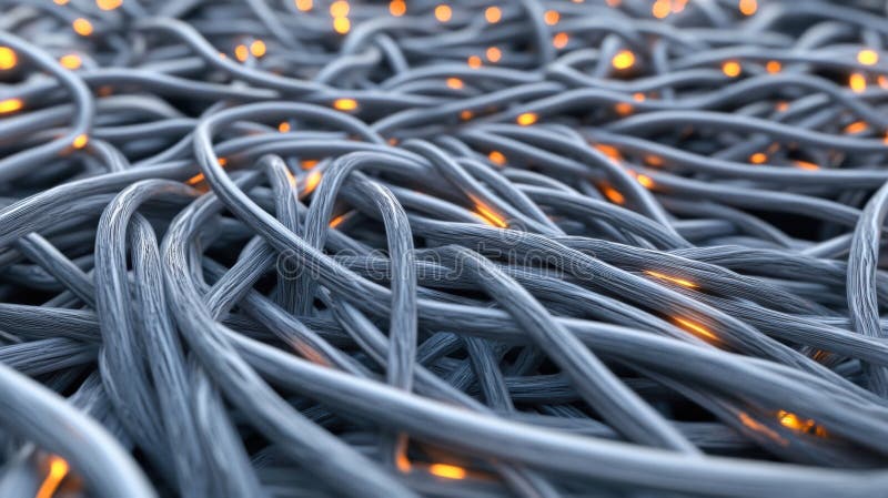 Tangled Network Cables with Glowing Orange Lights Create a Futuristic ...