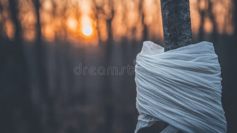 Tangled Plastic Bag Caught in Tree at Sunset in Serene Forest Setting ...