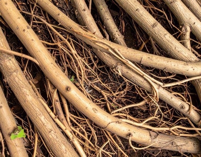 Tangled Root System with Light Brown Tree Roots and Small Green Leaves ...