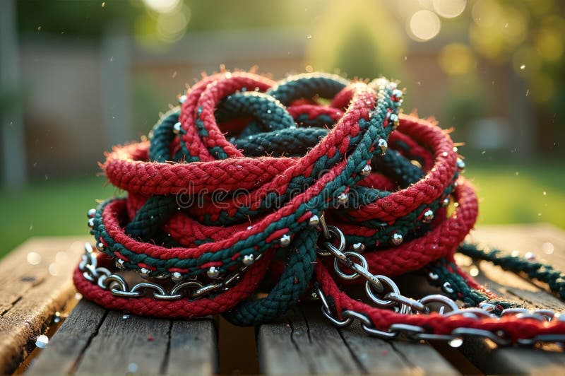Tangled Ropes and Chains on Sunlit Wooden Table Stock Illustration ...