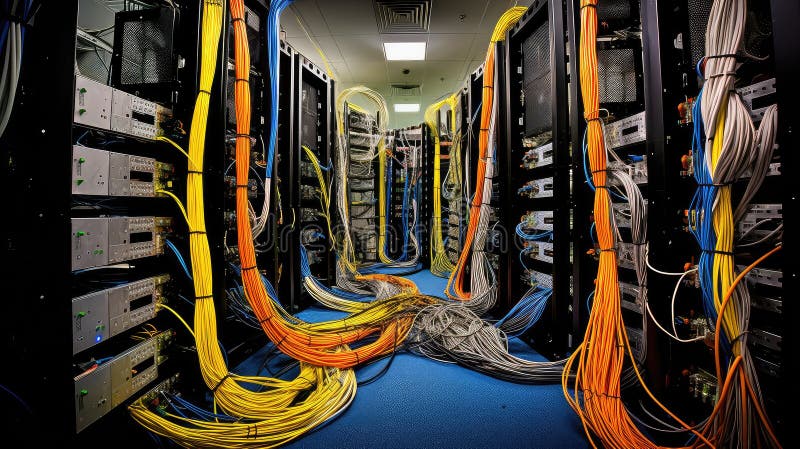 Tangled server room cables stock photo. Image of organization - 313797650