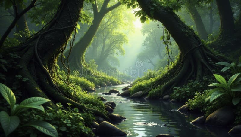 Tangled Vines and Trees Entwine a Gentle Stream Flowing through the ...