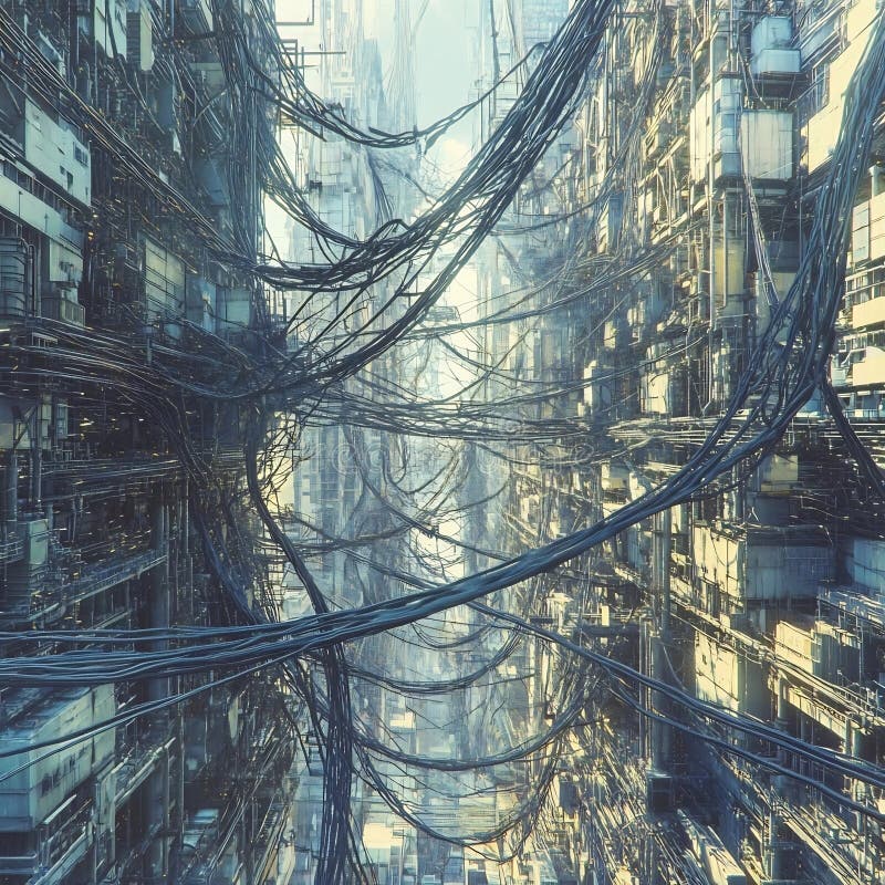 Tangled Web of Wires in a Chaotic Urban Landscape Stock Illustration ...