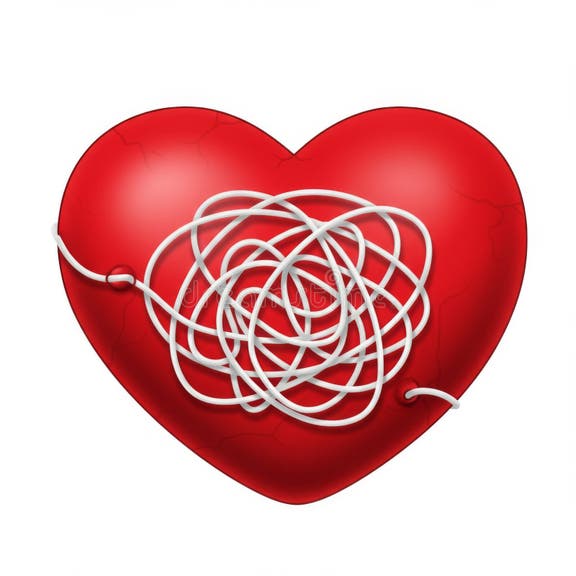 Tangled White String on a Red Heart Shape on a White Background ...