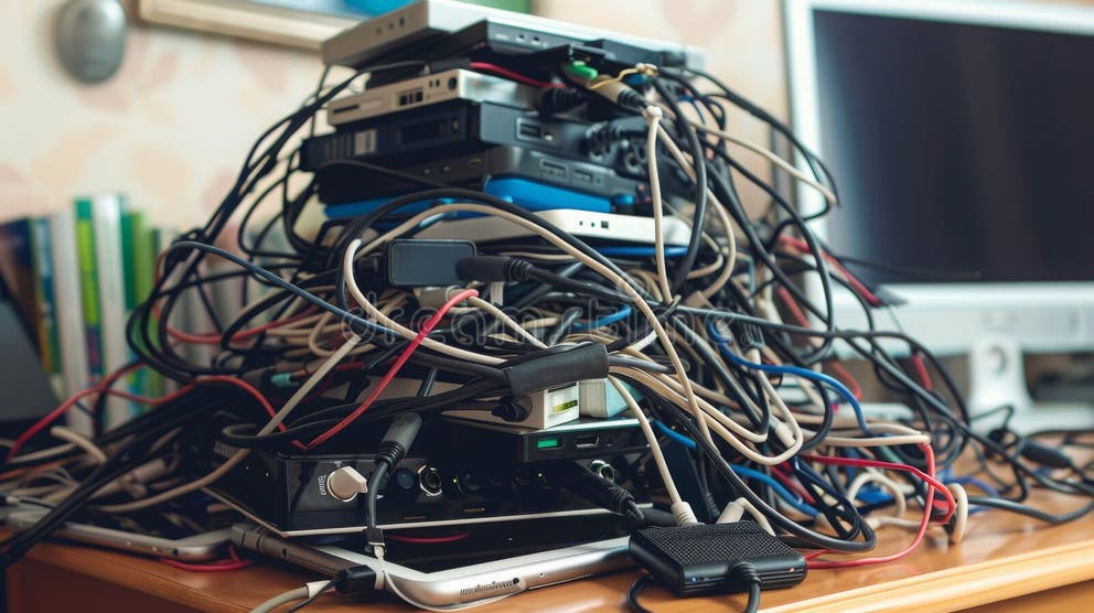 Tangled Wires and Electronic Devices on Desk Stock Photo - Image of ...