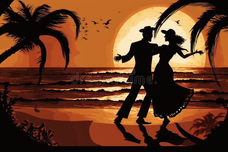 Tango Dance in Sunset with View of Ocean and Beach Stock Illustration ...