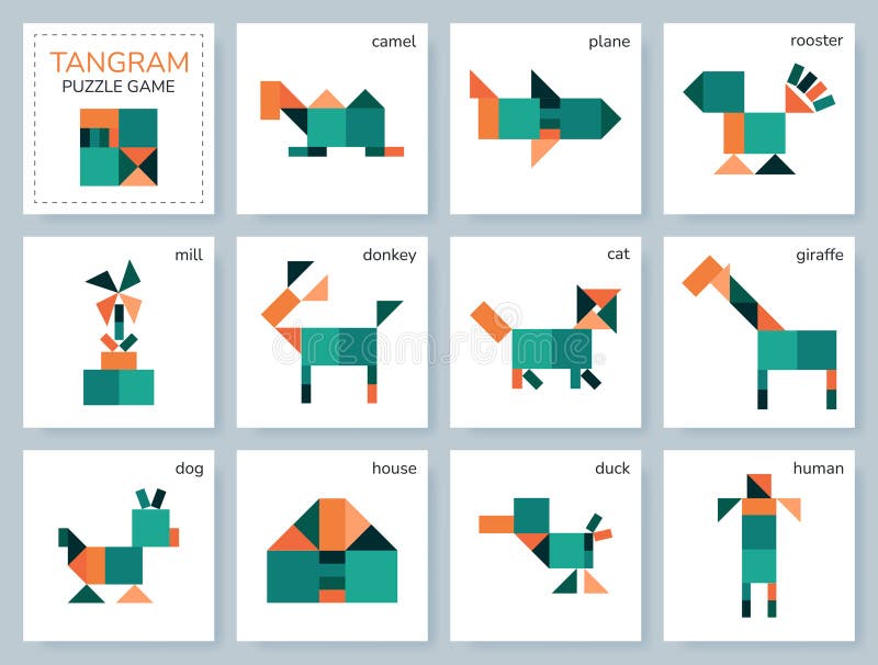Tangram Mongolian Puzzle Game Vector Set With Various Objects Stock Vector Illustration Of