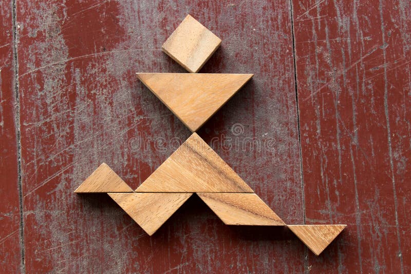Tangram Puzzle Joyful Man Running Shape Red Wood Background Stock ...