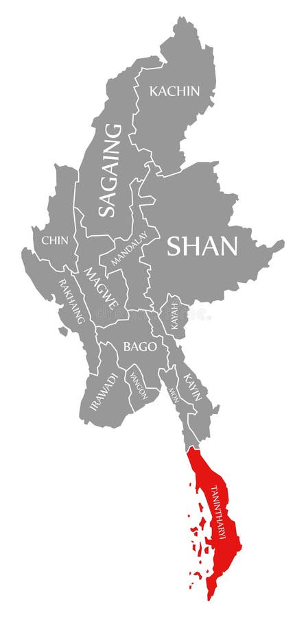 Tanintharyi Red Highlighted in Map of Myanmar Stock Illustration ...