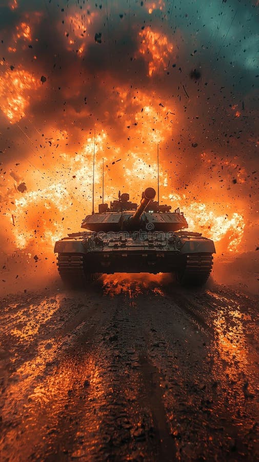 Tank Advancing through Fiery Explosion in Battle Scene Stock Image ...