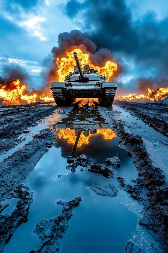 A Tank is Burning in the Middle of a Muddy Field Stock Photo - Image of ...