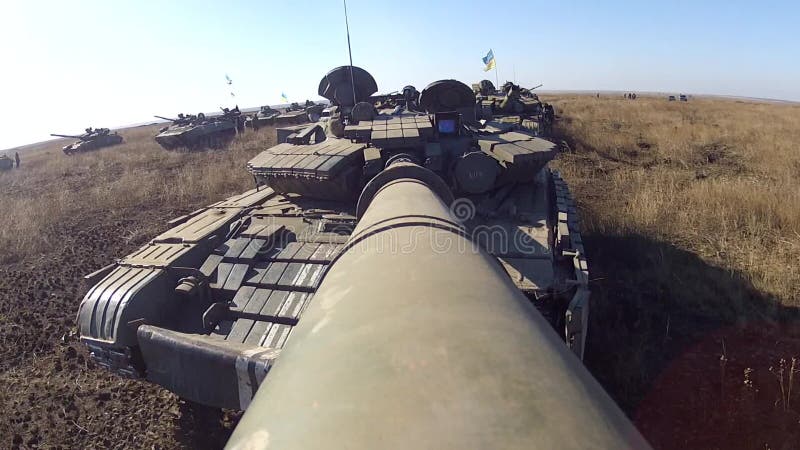 Tank with Camera on the Large-calibre Cannon is Rotating Its Gun Turret ...