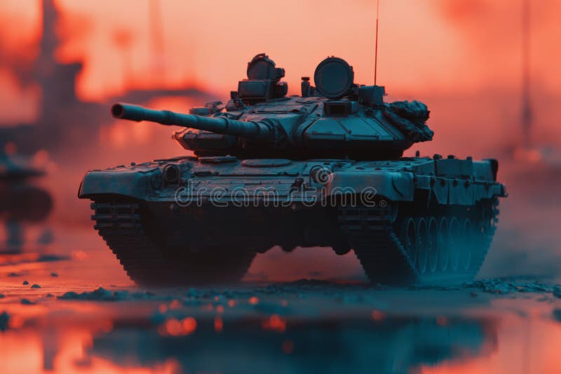 Tank Crossing Forest Stream at Daybreak with Splashing Water ...