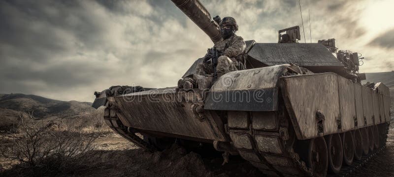The Tank in a Dramatic Military Landscape with a Soldier in Combat ...