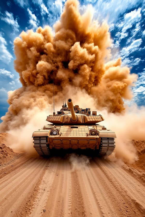 A Tank Driving through a Desert with a Cloud of Dust in the Air Stock ...