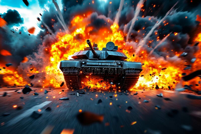 A Tank in the Middle of a Large Explosion of Fire Stock Photo - Image ...