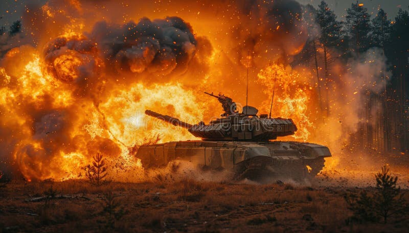 A Tank Fires at Enemy Forces Amidst a Backdrop of Explosions and Smoke ...