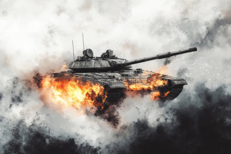 Tank Engulfed in Flames Surrounded by Dense Smoke, Creating a Dramatic ...