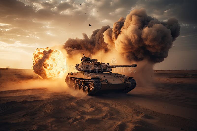 Tank in the Exploded Desert Stock Illustration - Illustration of troop ...