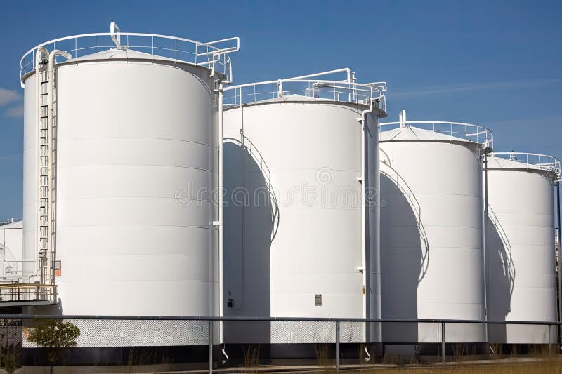 Tank Farm, with Array of Tanks and Pipes, Transporting Refined Products ...