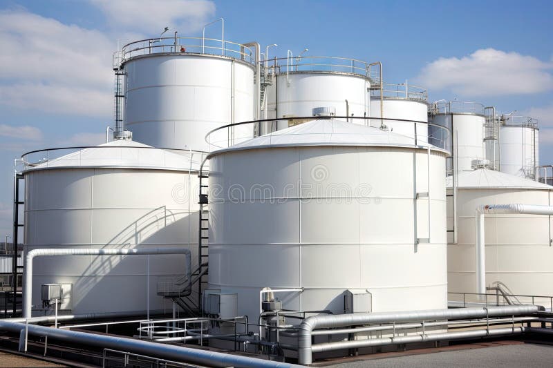 Tank Farm, with Array of Tanks and Pipes, Transporting Refined Products ...