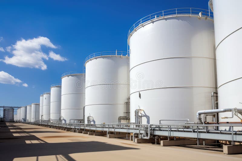 Tank Farm, with Array of Tanks and Pipes, Transporting Refined Products ...