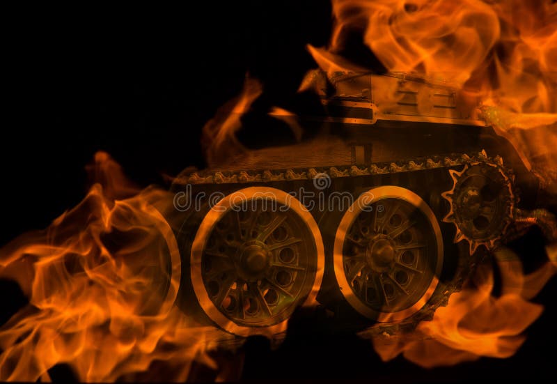 Tank in the fire stock photo. Image of armored, metal - 117733124