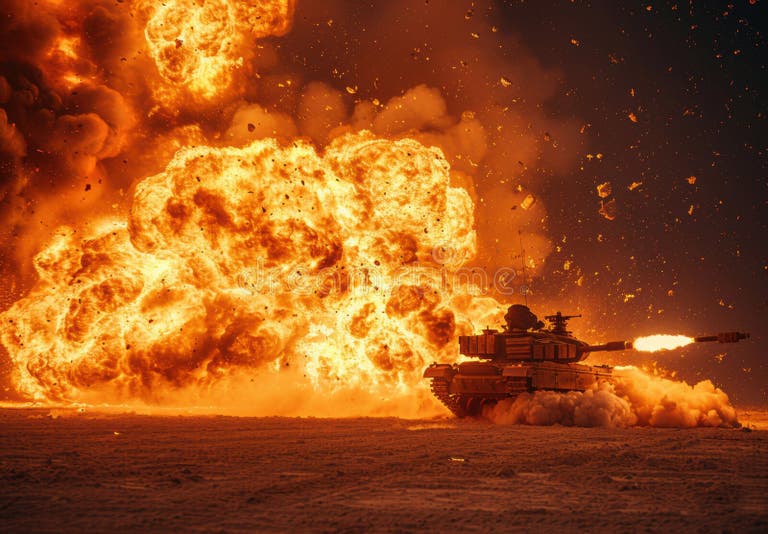 Tank Fires Shells Amid a Massive Explosion in a Dynamic Battlefield ...