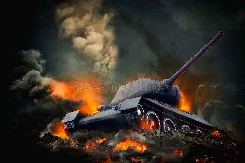 Tank on the Hill Burning Fire Stock Photo - Image of battle ...