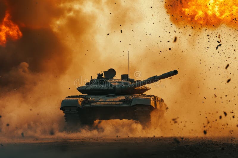 Powerful Tank in Action on Battle Field with Explosions. AI Image Stock ...