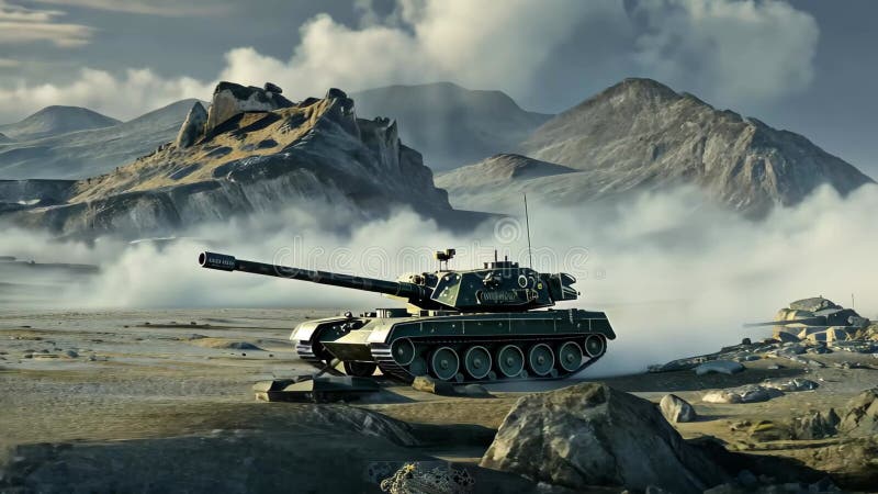A Tank Maneuvers through a Rugged Landscape Under Dramatic Clouds ...