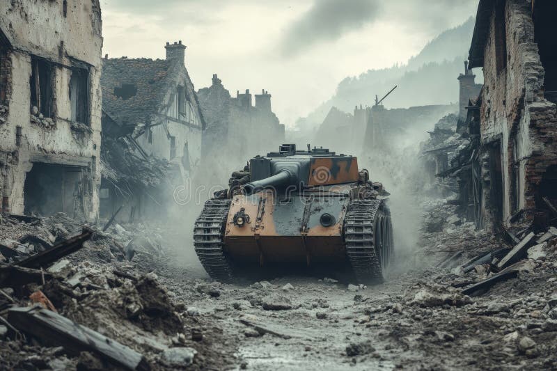 A Tank Progresses through a Devastated Village from World War I ...