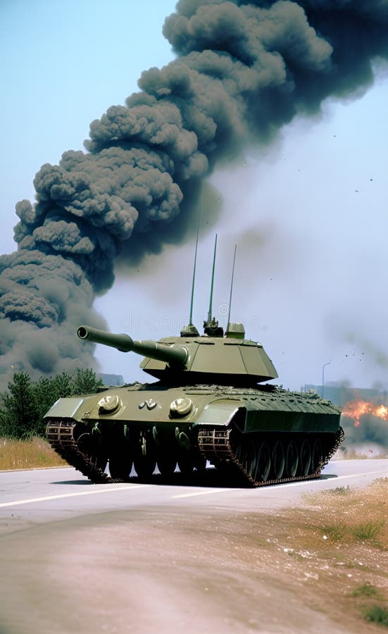 A Tank on the Road with Destroyed Village on the Background Stock ...